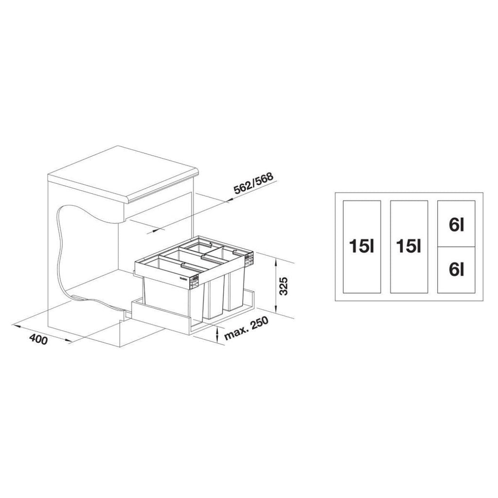 526644 Blanco Flexon II Low 60/4, 2 x 15l, 2 x 6l sorter odpadkov
